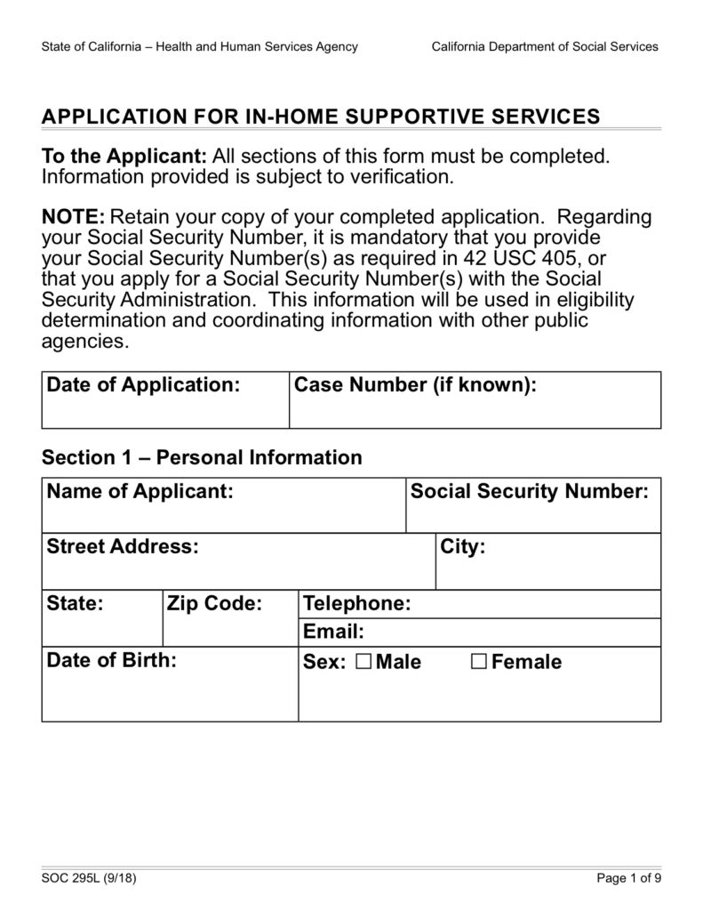 IHSS Application For In-Home Supportive Services SOC295L - Chapman ...