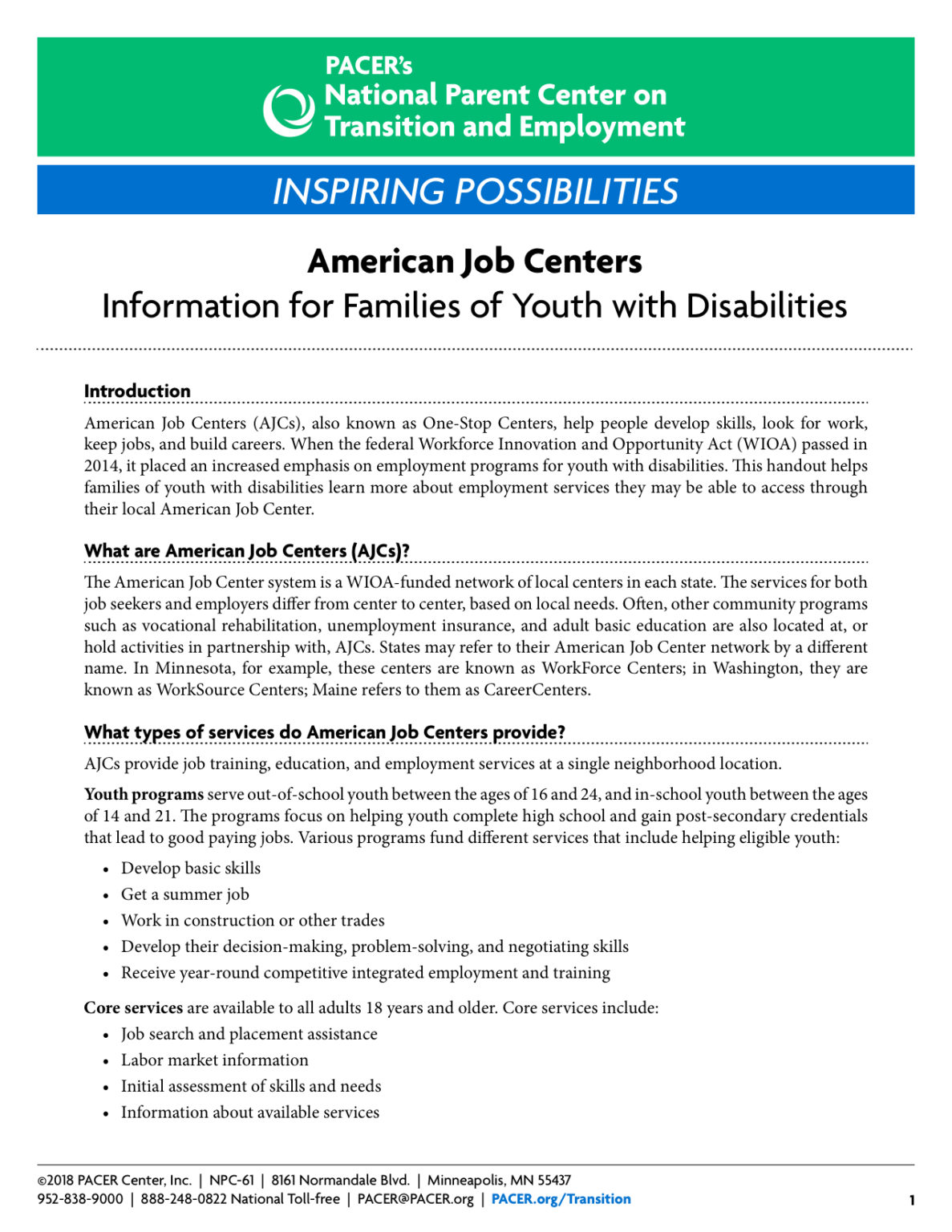 Pacer Center Inspiring Possibilities - American Job Centers - Chapman ...