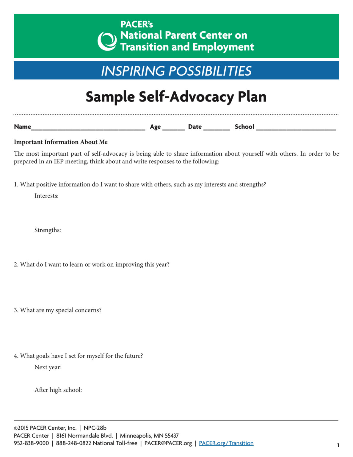 Pacer National Parent Center - Sample Self Advocacy Plan - Chapman ...