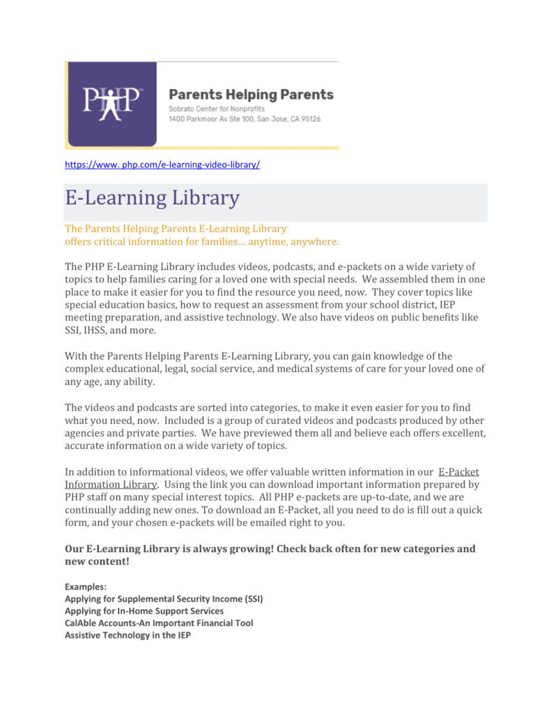 Parents Helping Parents E-Learning Library - Chapman University ...