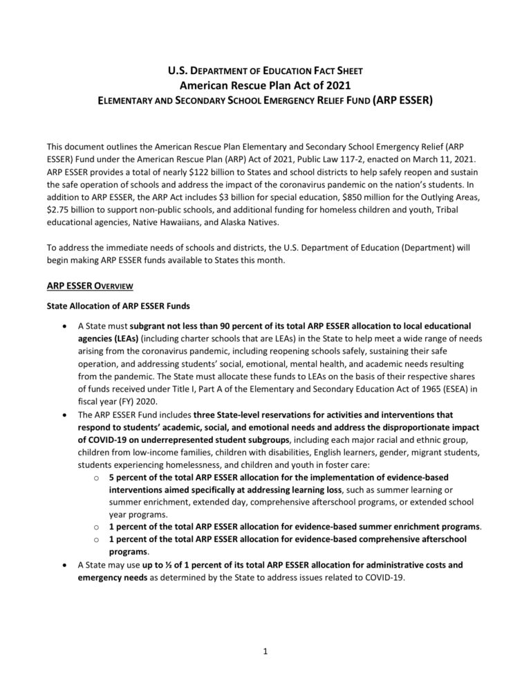 ARP ESSER Fact Sheet - Chapman University | Transition CA