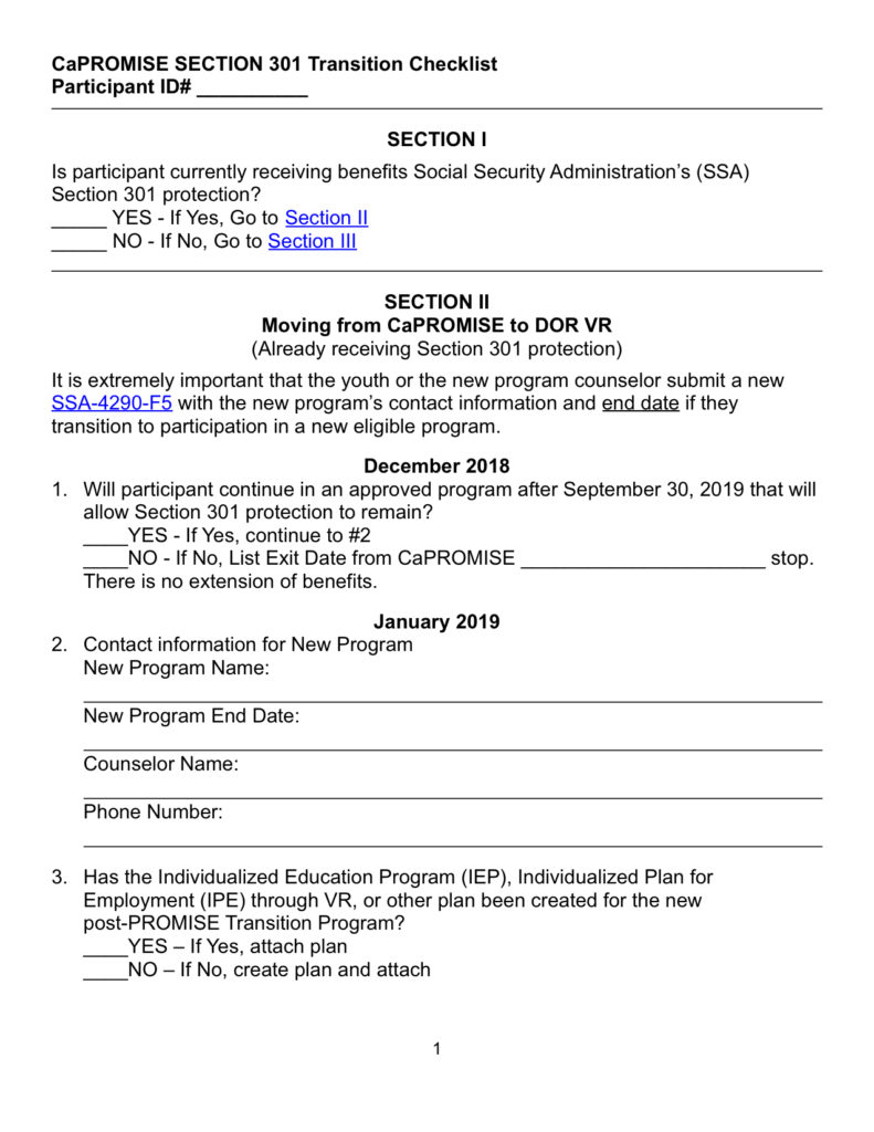CaPROMISE Section 301 Transition Checklist 12-2018 - Chapman University ...