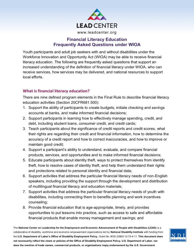 Financial Literacy Education Frequently Asked Questions Under WIOA ...