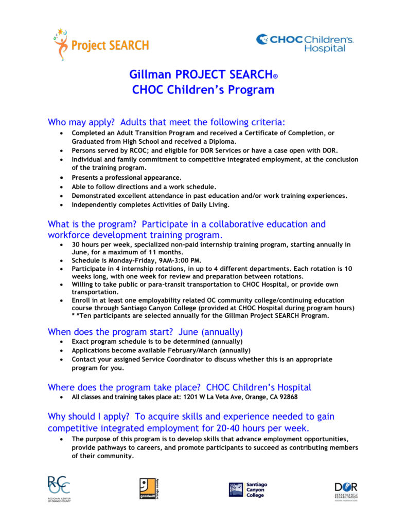 Project SEARCH at CHOC - General Flyer - Chapman University | Transition CA