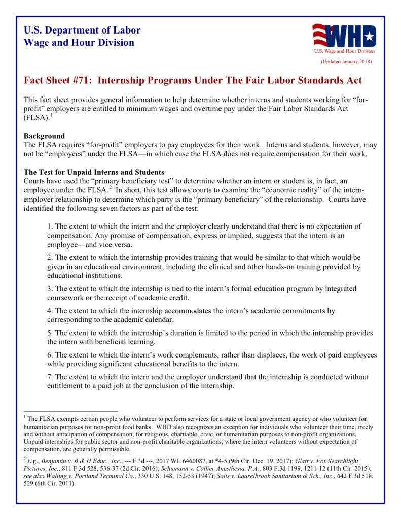 U.S. Wage and Hour Division Fact Sheet #71- Internship Programs Under ...