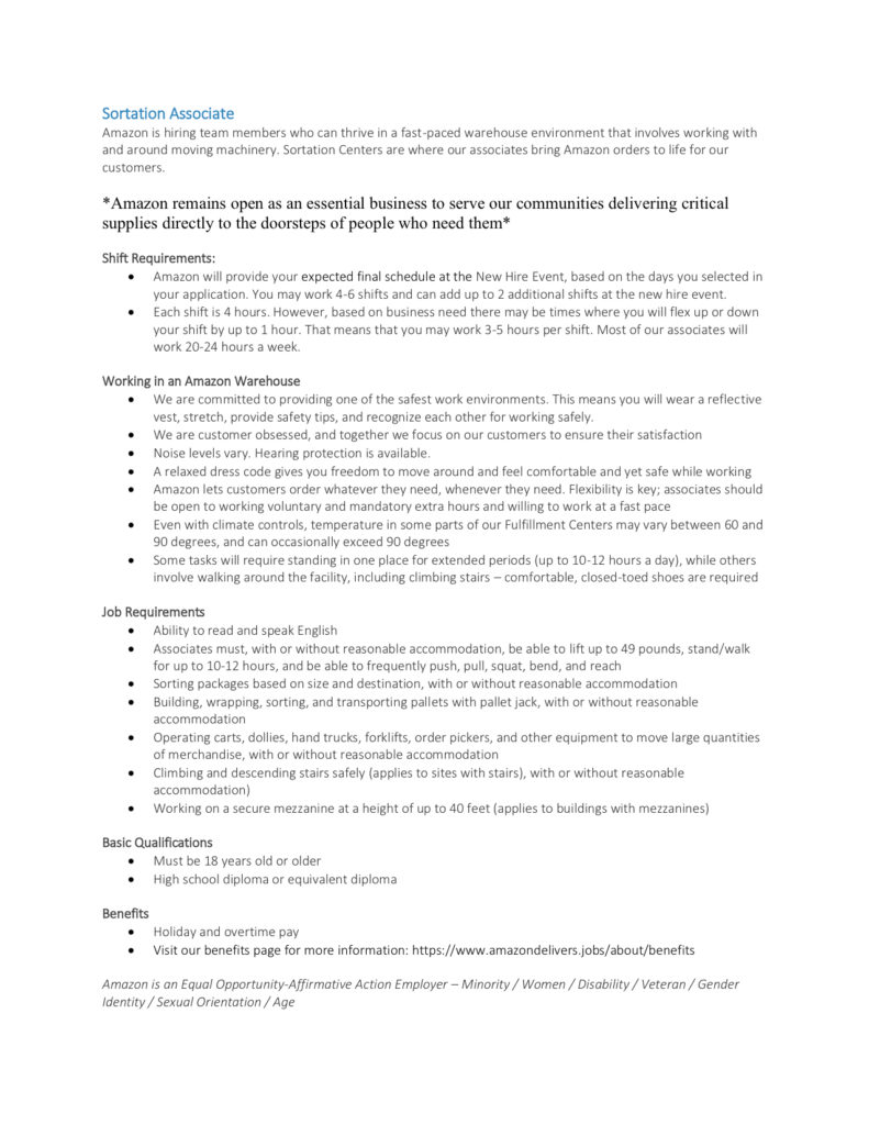 Amazon AWSP Associate - Sort Center 2020 - Chapman University ...