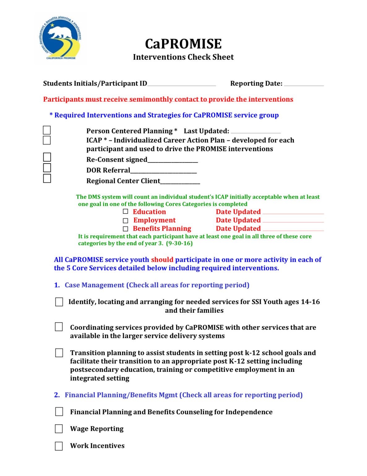 CaP Core Intervention Checklist by Student 1-2017 - Chapman University ...