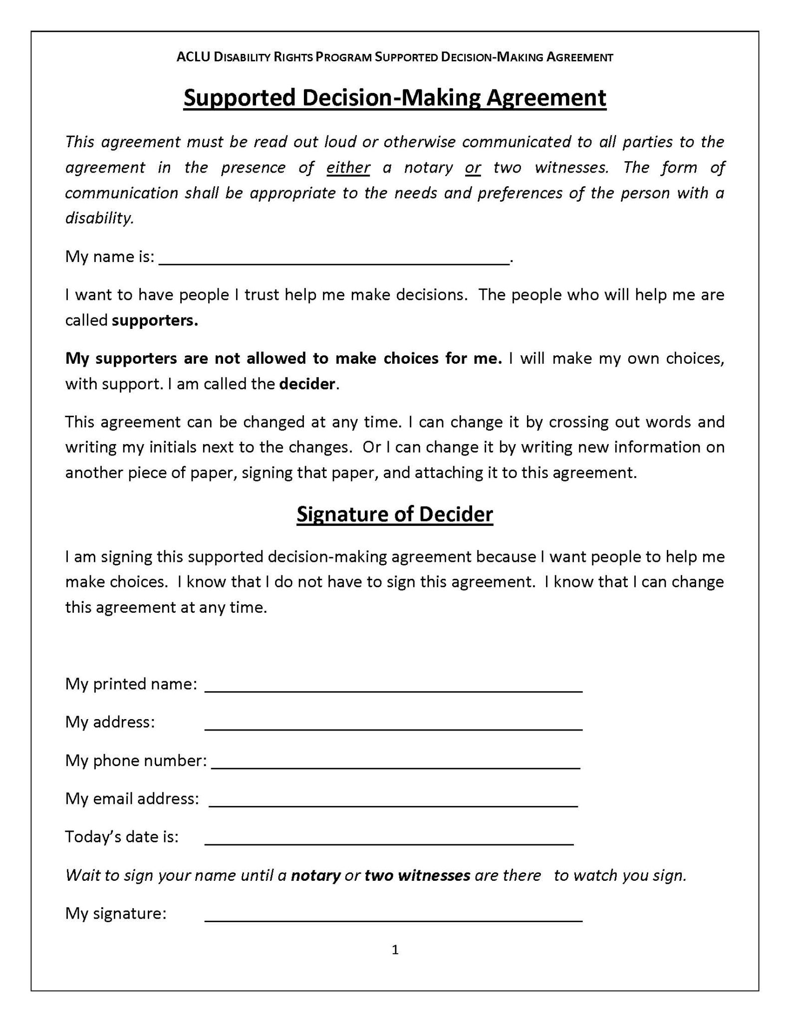 ACLU Disability Rights Program Supported Decision-Making Agreement ...