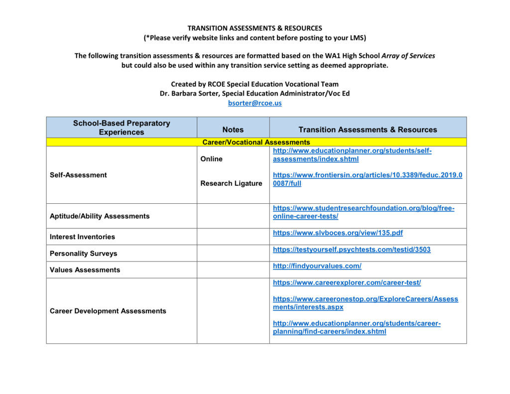 Transition Assessments & Resources - WA1 High School Array of Services ...
