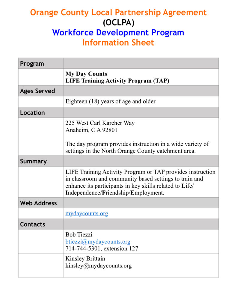 My Day Counts TAP Information Sheet - Chapman University | Transition CA