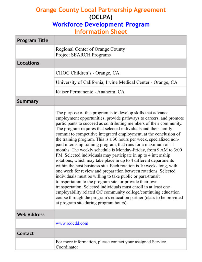 RCOC Project SEARCH Information Sheet - Chapman University | Transition CA