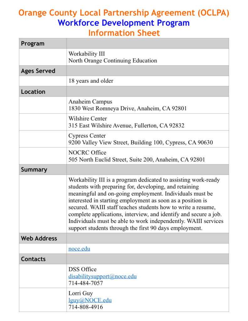 Workability III NOCE Information Sheet - Chapman University | Transition CA