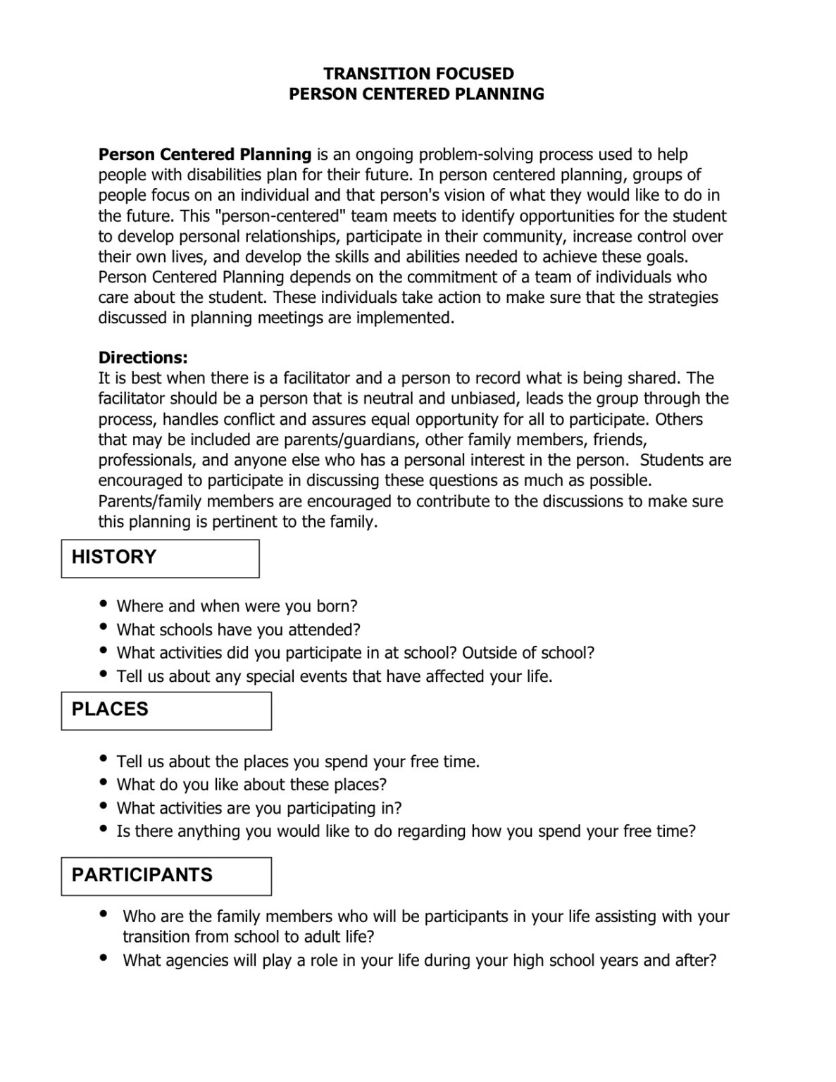 Transition Focused Person Centered Planning Questions 2016 - Chapman ...