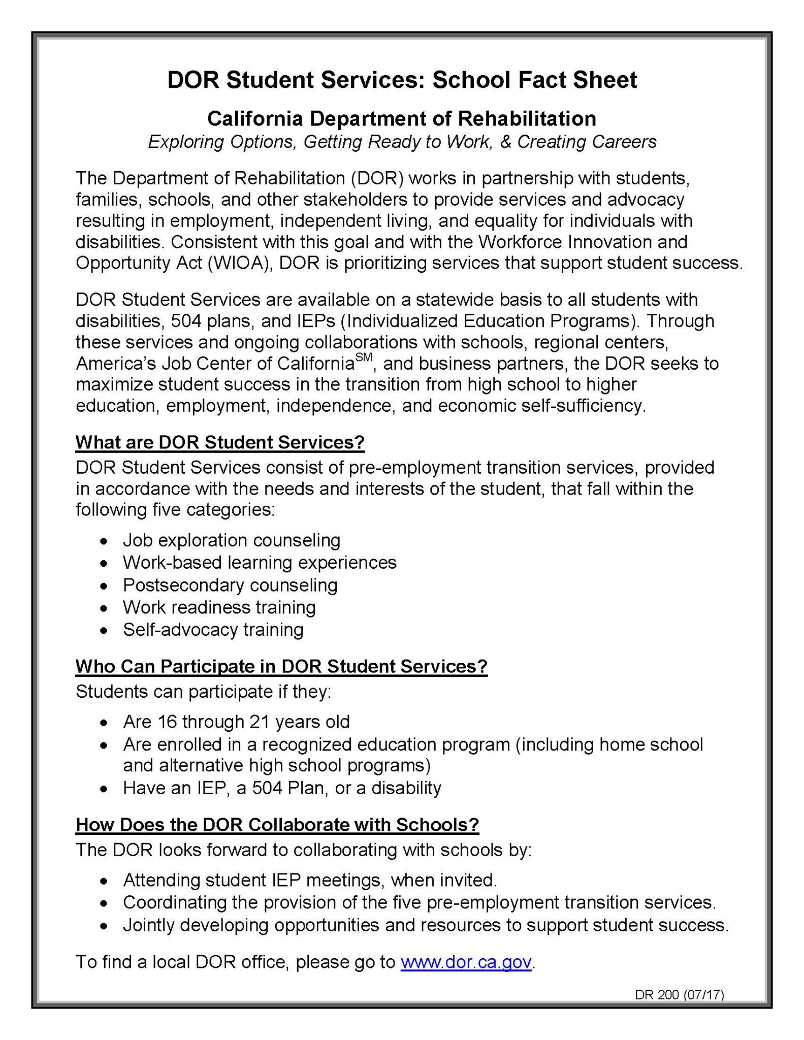 DOR Student Services Fact Sheet - Chapman University | Transition CA
