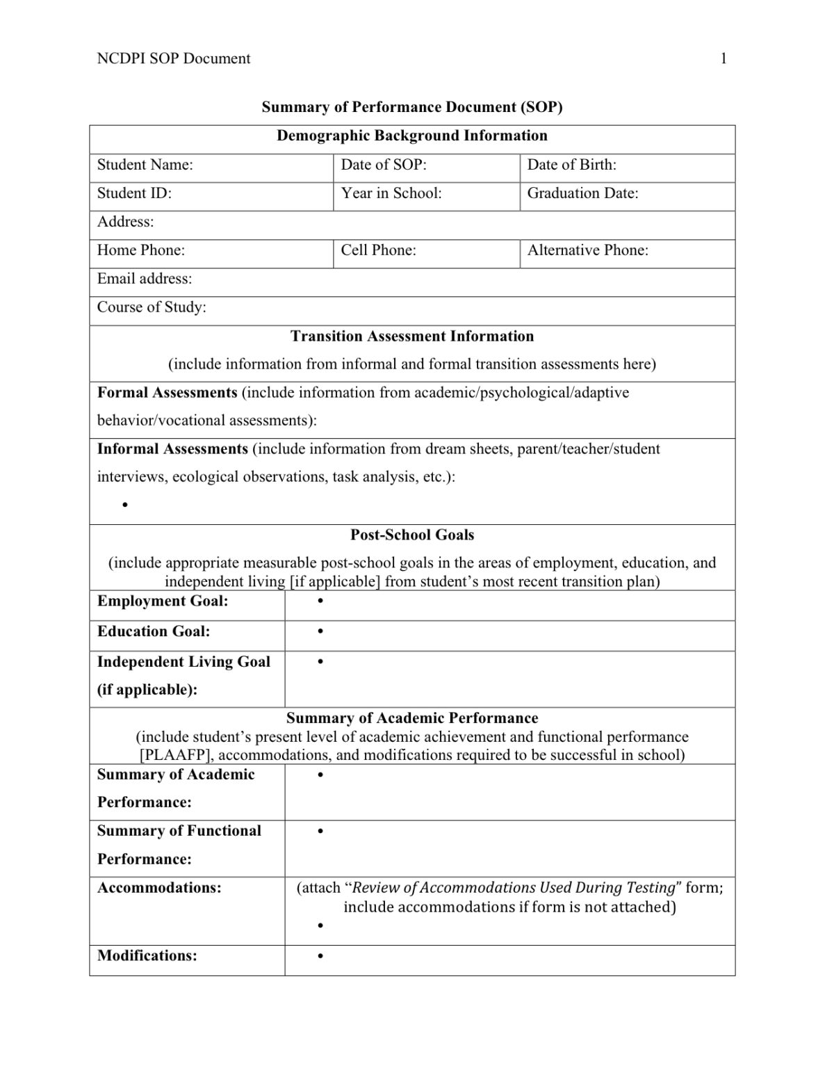 Summary of Performance Document - Chapman University | Transition CA