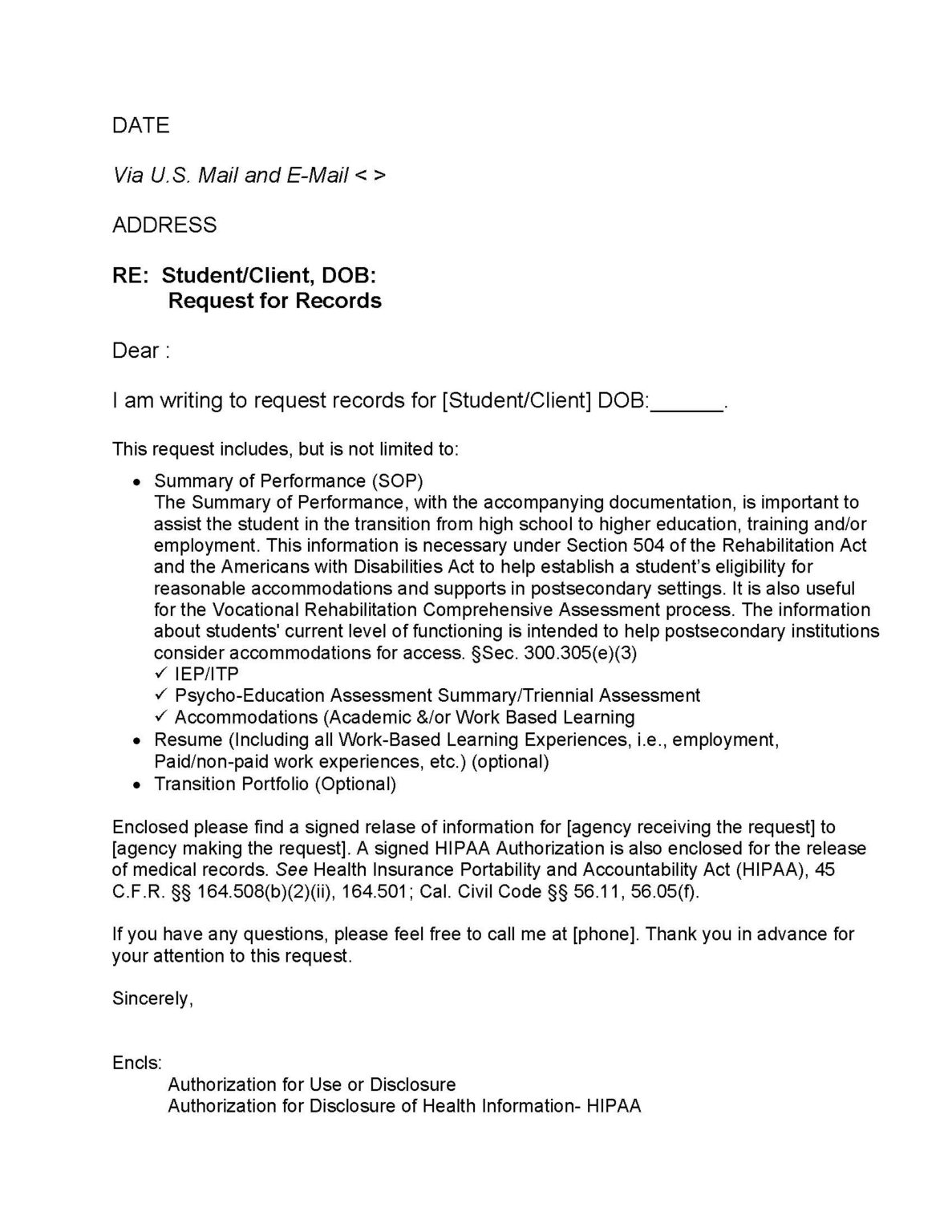 Sample Records Request - Chapman University | Transition CA