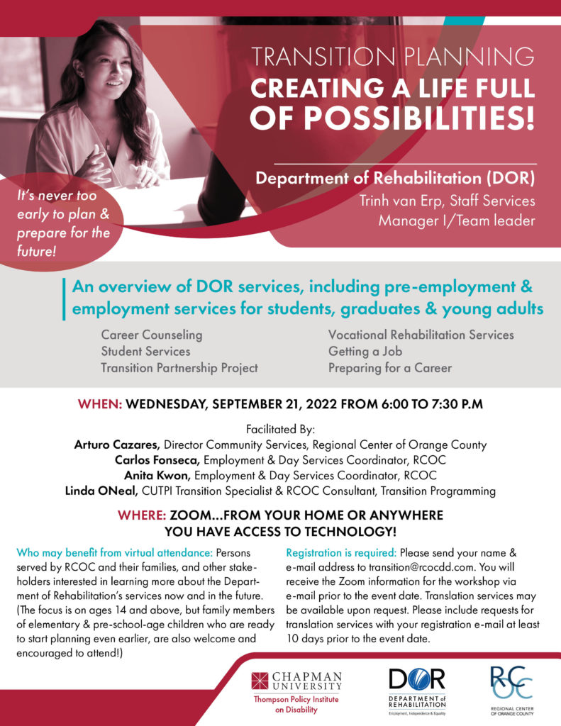 DOR Transition Planning Workshop - Chapman University | Transition CA
