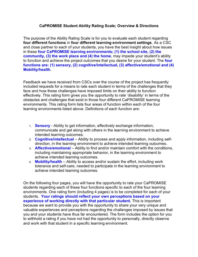 CaPROMISE Student Ability Rating Scale - Chapman University | Transition CA