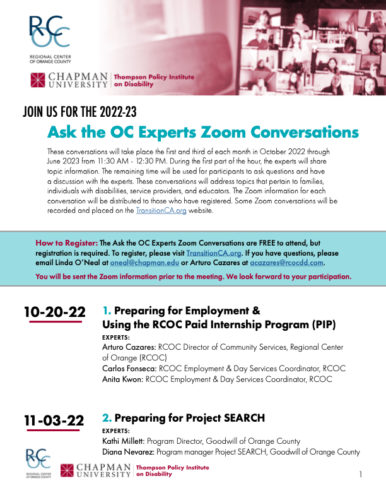 Ask the OC Experts Informational Flyer - Chapman University | Transition CA