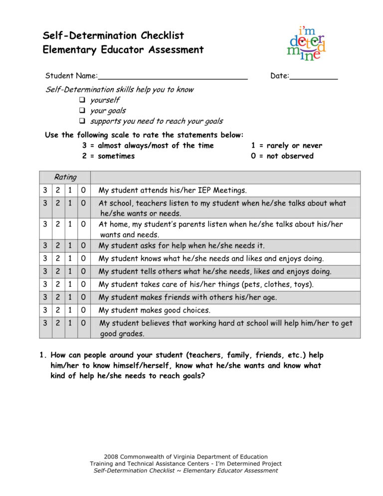 Self Determination Checklist Elementary Educator Assessment - Chapman ...