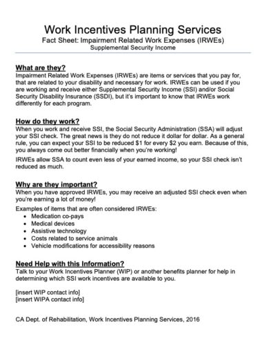 Impairment Related Work Expense IRWE Fact Sheet SSI DOR - Chapman ...