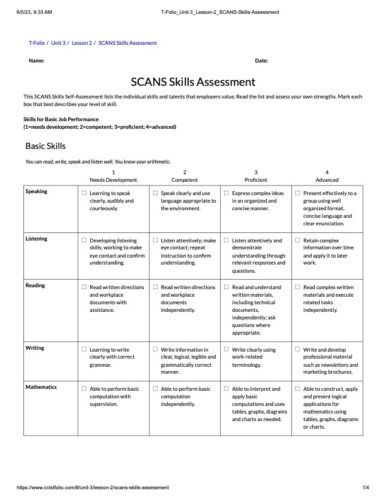 T-Folio Unit 3 Lesson 2 SCANS Skills Assessment - Chapman University ...